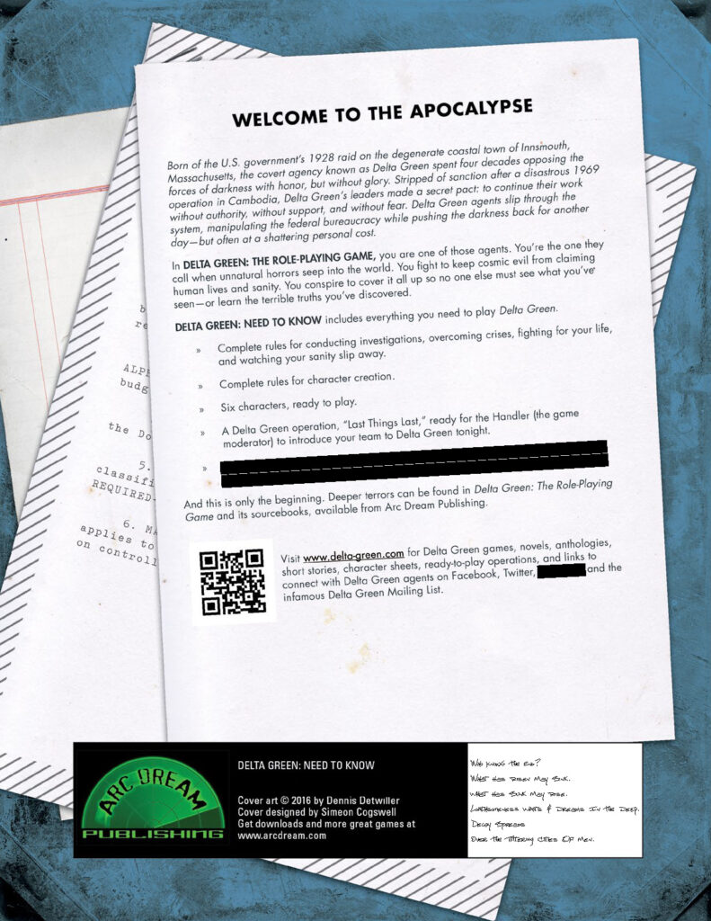 Delta Green: Need to Know -- Starter Rulebook Now Available in Print